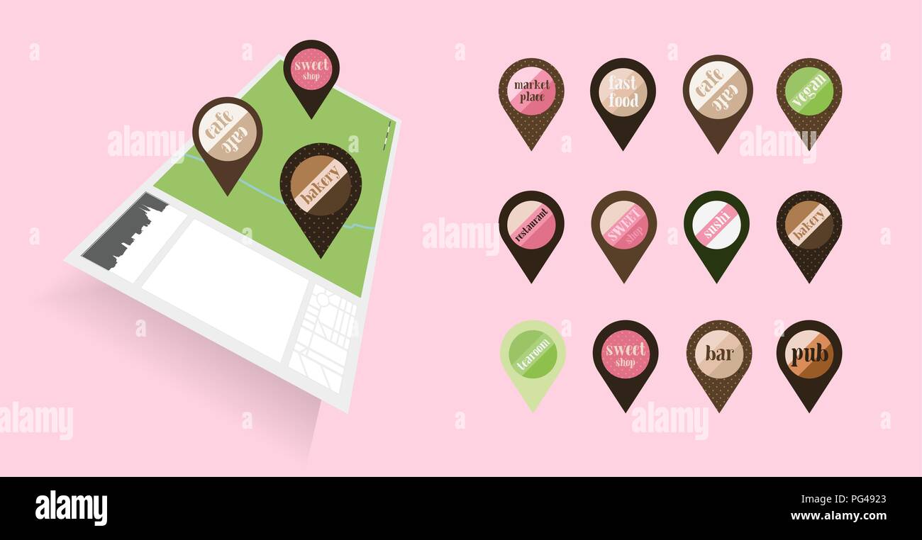 Set of Pins for Marking Places to Eat or Drink. Restaurant, Vegan ...