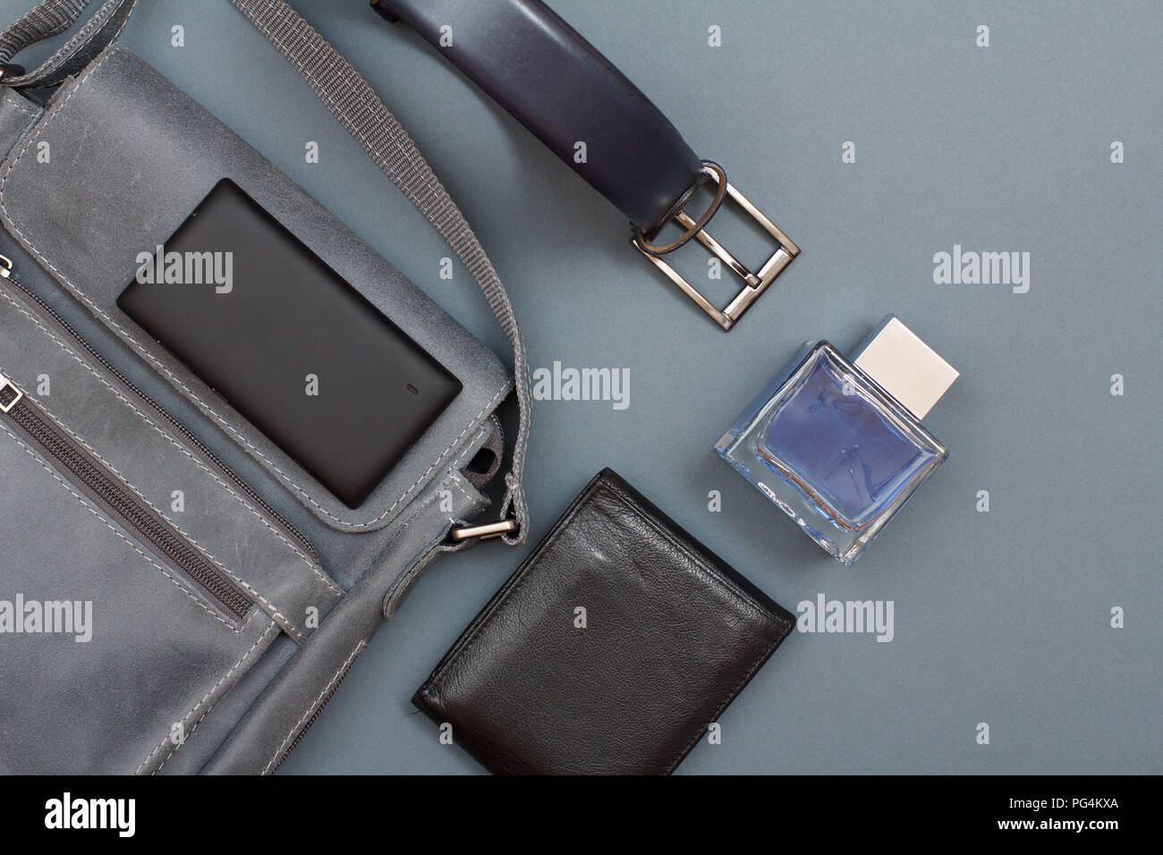 Leather shoulder bag for men with mobile phone on it, belt, black purse ...