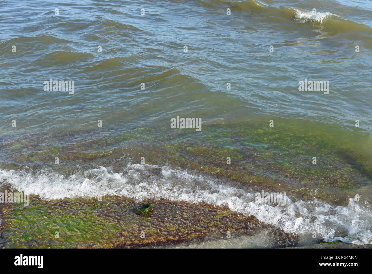 Unusual color of the black sea with a large stone and reinforced ...