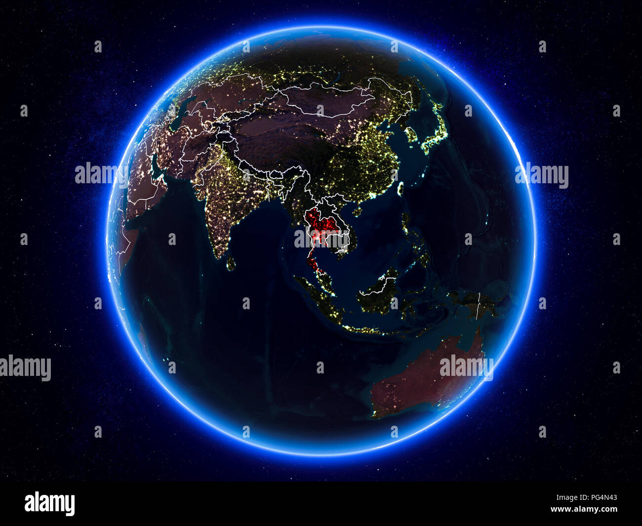 Thailand highlighted in red on planet Earth at night with visible ...