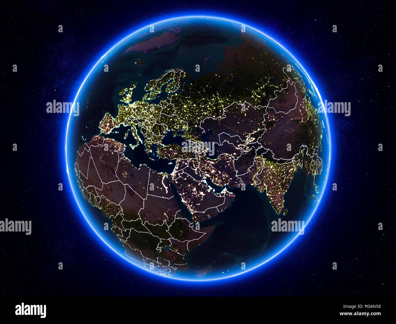 Armenia highlighted in red on planet Earth at night with visible borders and city lights. 3D ...