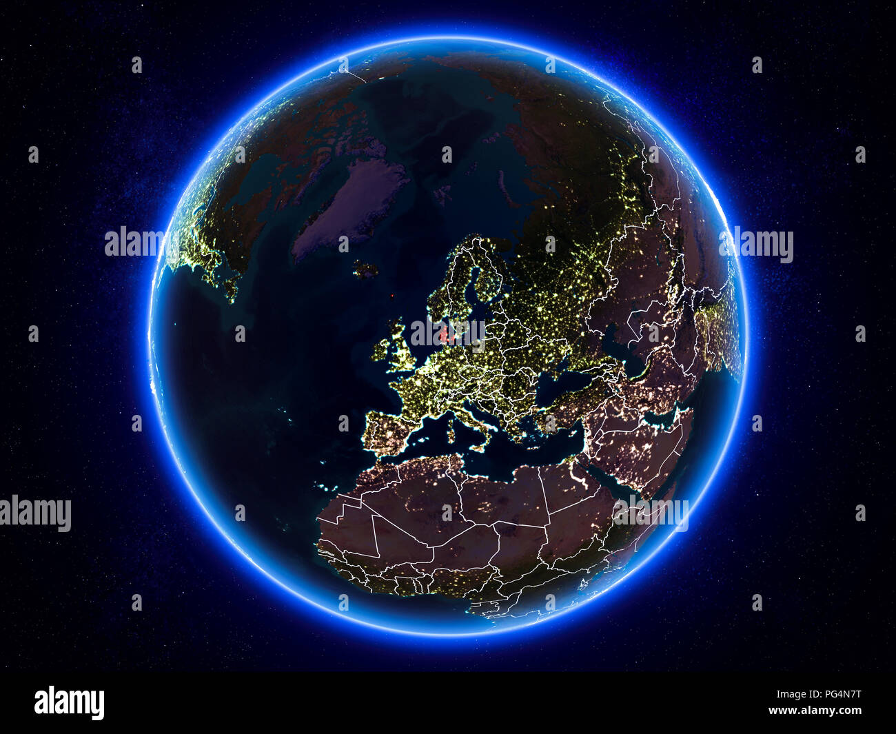 Denmark highlighted in red on planet Earth at night with visible borders and city lights. 3D ...
