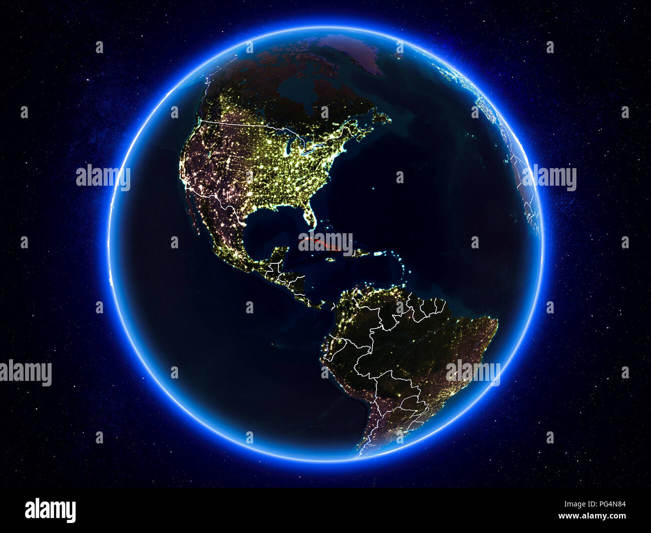 Cuba highlighted in red on planet Earth at night with visible borders ...