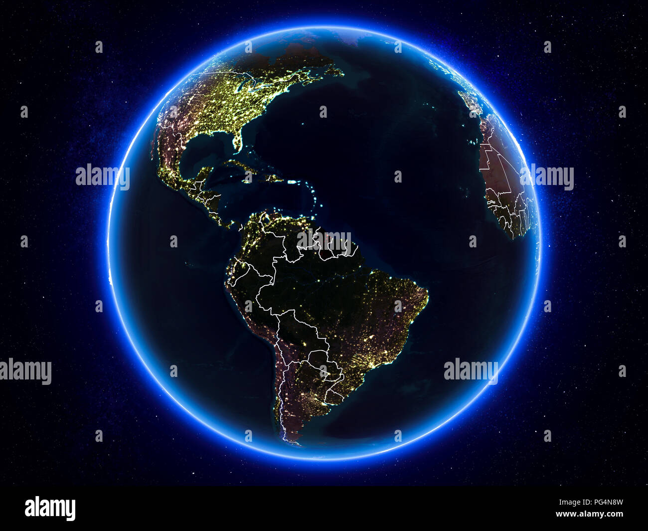 Guyana highlighted in red on planet Earth at night with visible borders ...