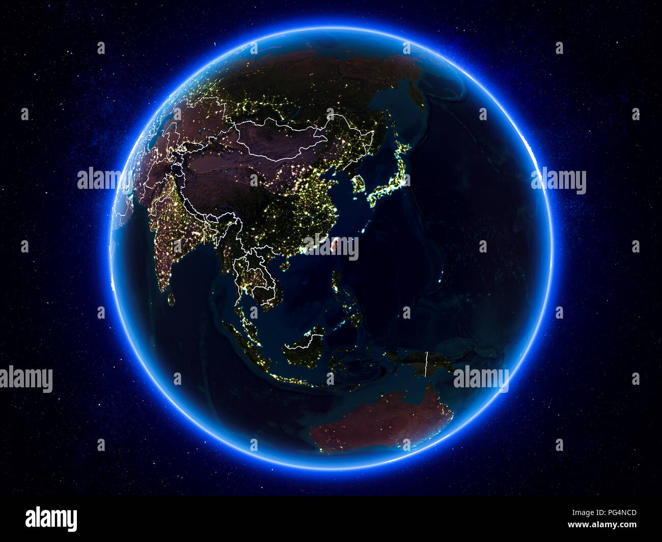 Taiwan highlighted in red on planet Earth at night with visible borders ...