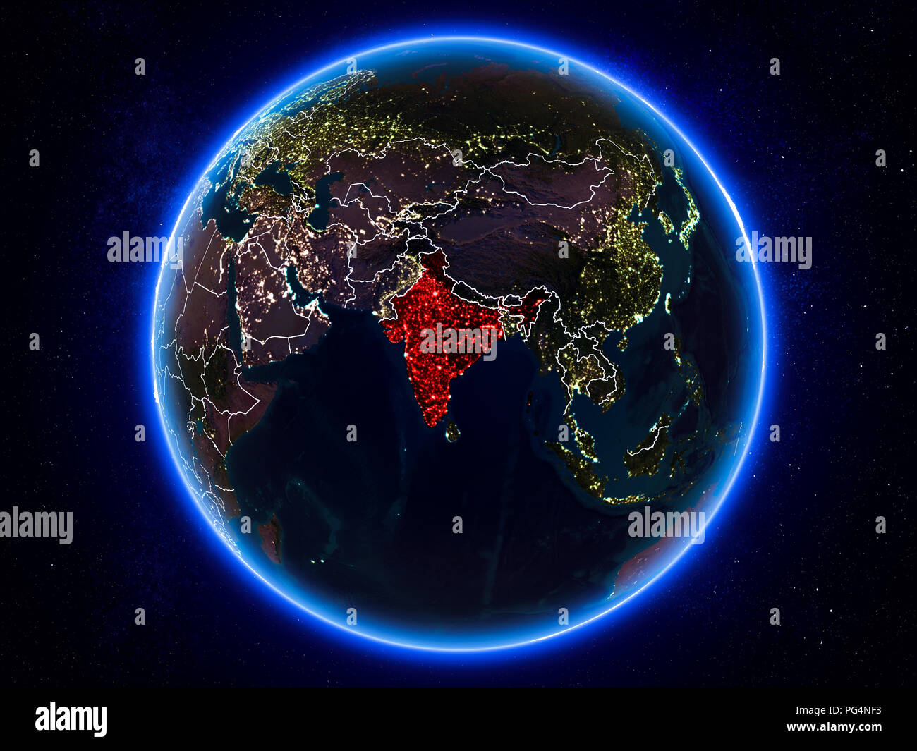 India highlighted in red on planet Earth at night with visible borders ...
