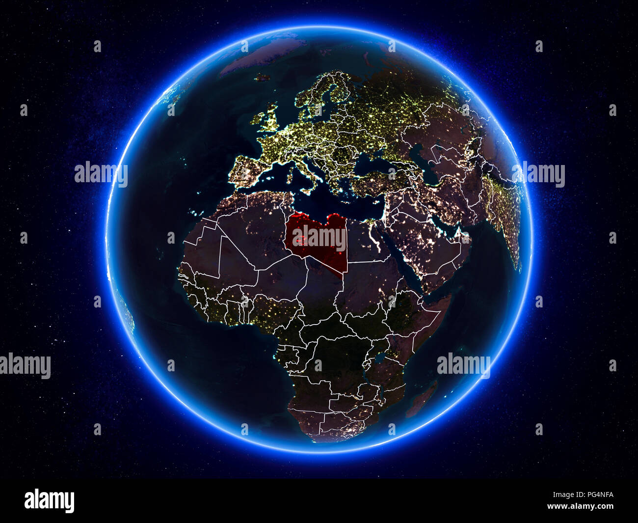 Libya highlighted in red on planet Earth at night with visible borders ...