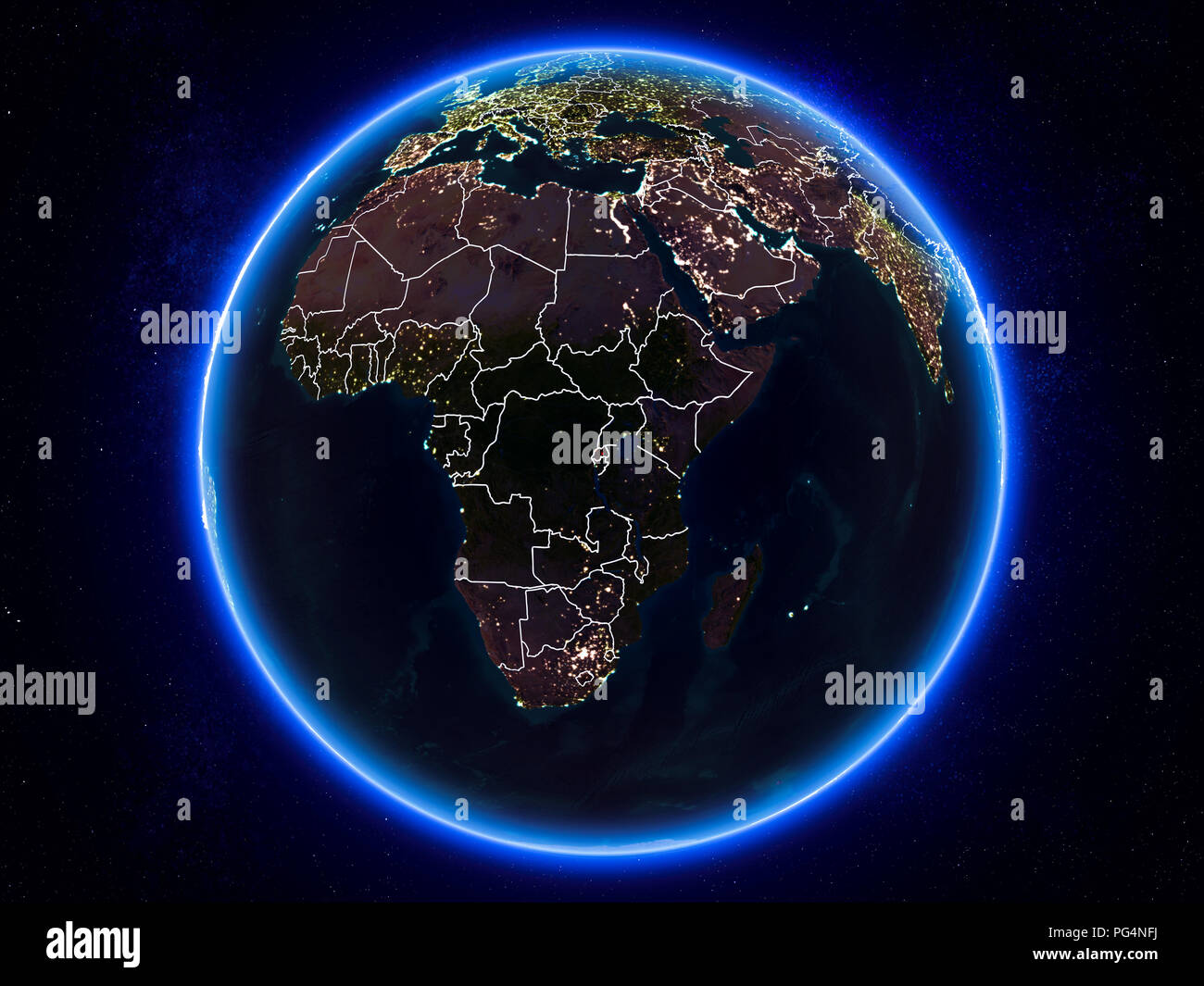 Rwanda highlighted in red on planet Earth at night with visible borders and city lights. 3D ...