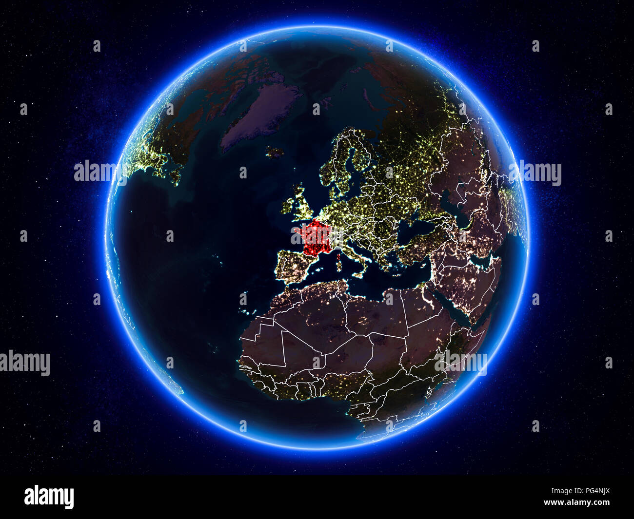 France highlighted in red on planet Earth at night with visible borders ...
