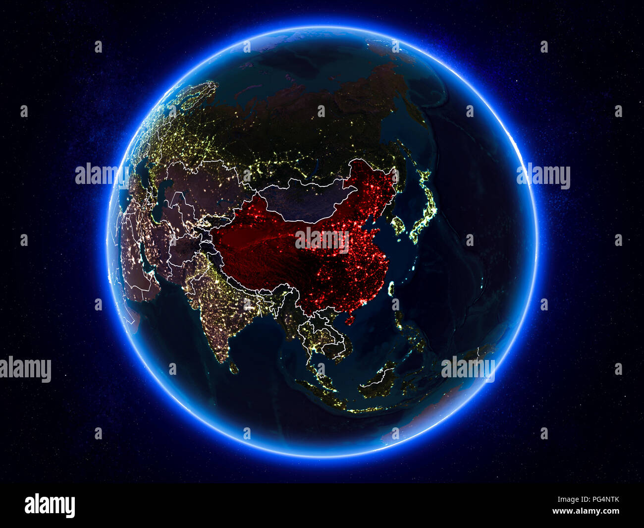 China highlighted in red on planet Earth at night with visible borders ...