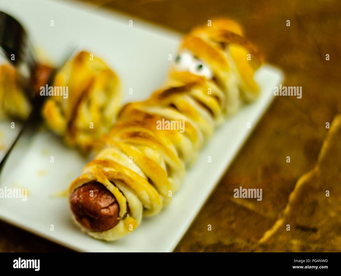 Sausage mummies in dough scary halloween food celebration party with ...
