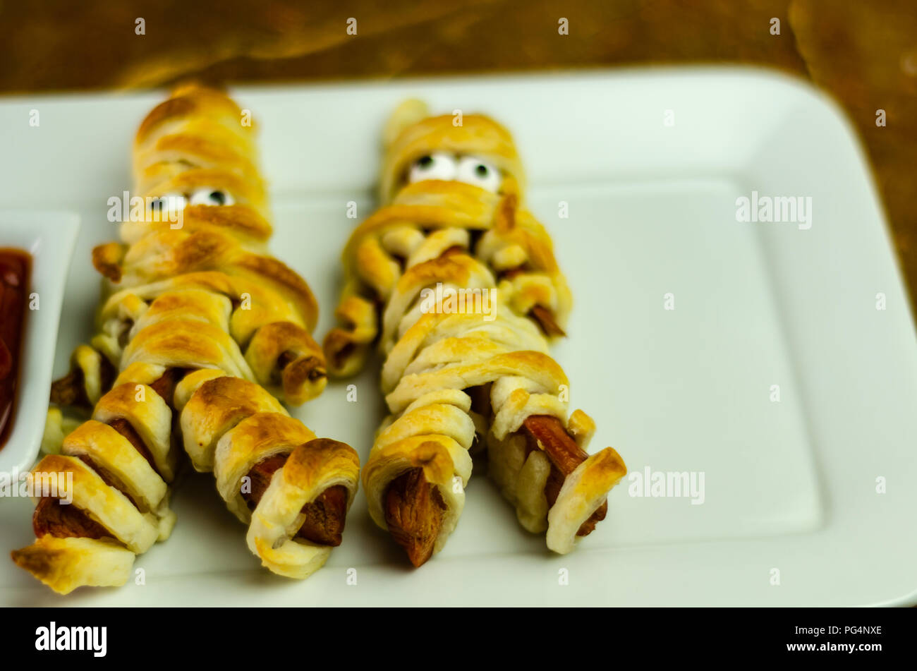 Sausage mummies in dough scary halloween food celebration party with ...