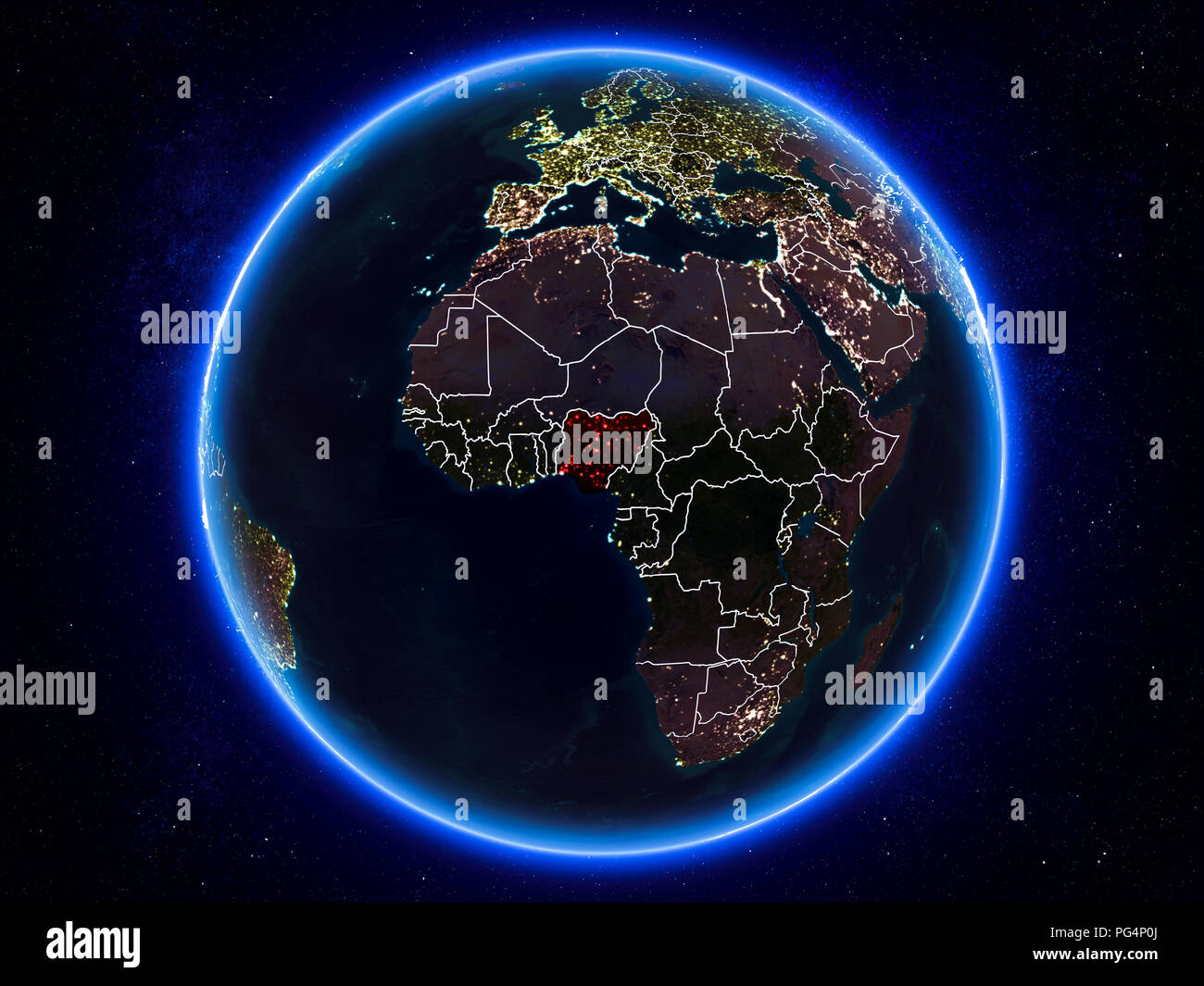 Nigeria highlighted in red on planet Earth at night with visible ...