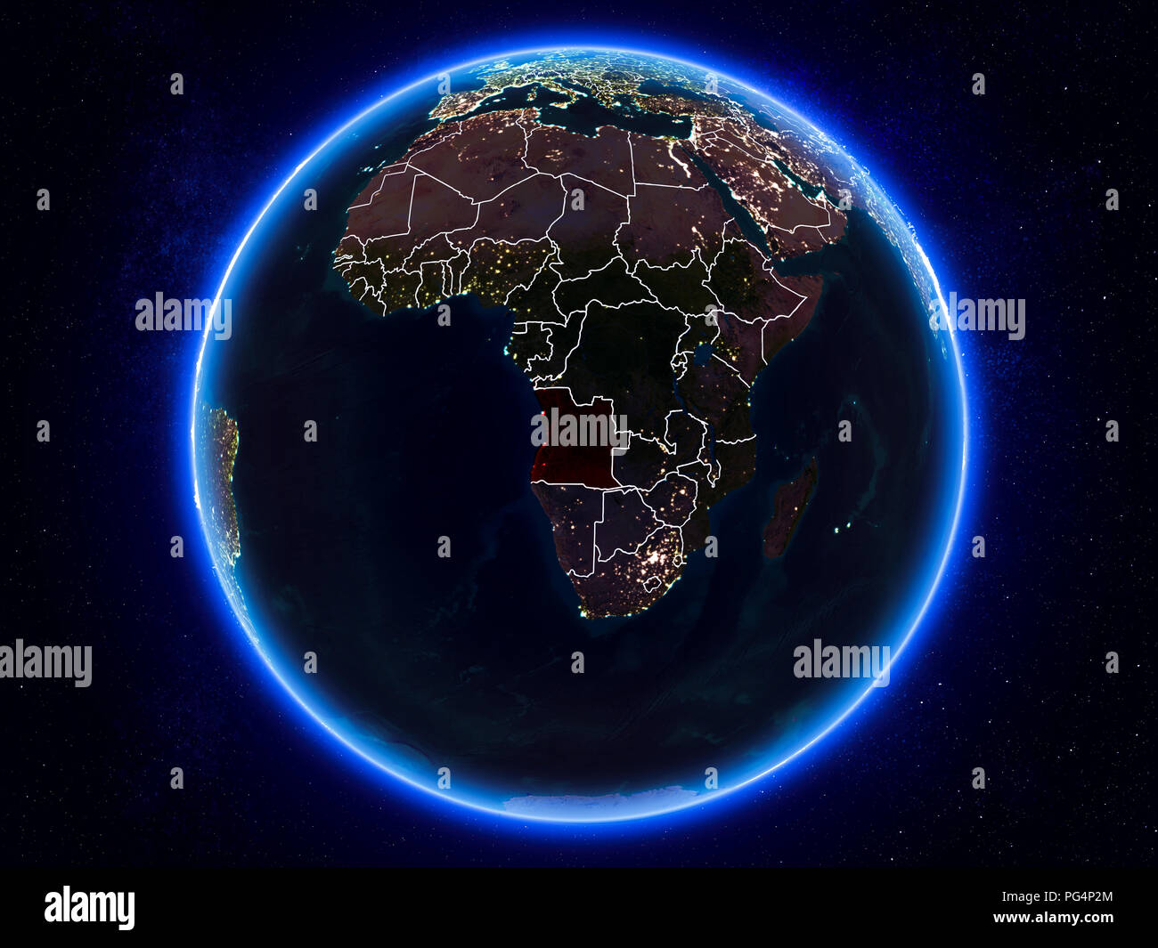 Angola highlighted in red on planet Earth at night with visible borders and city lights. 3D ...