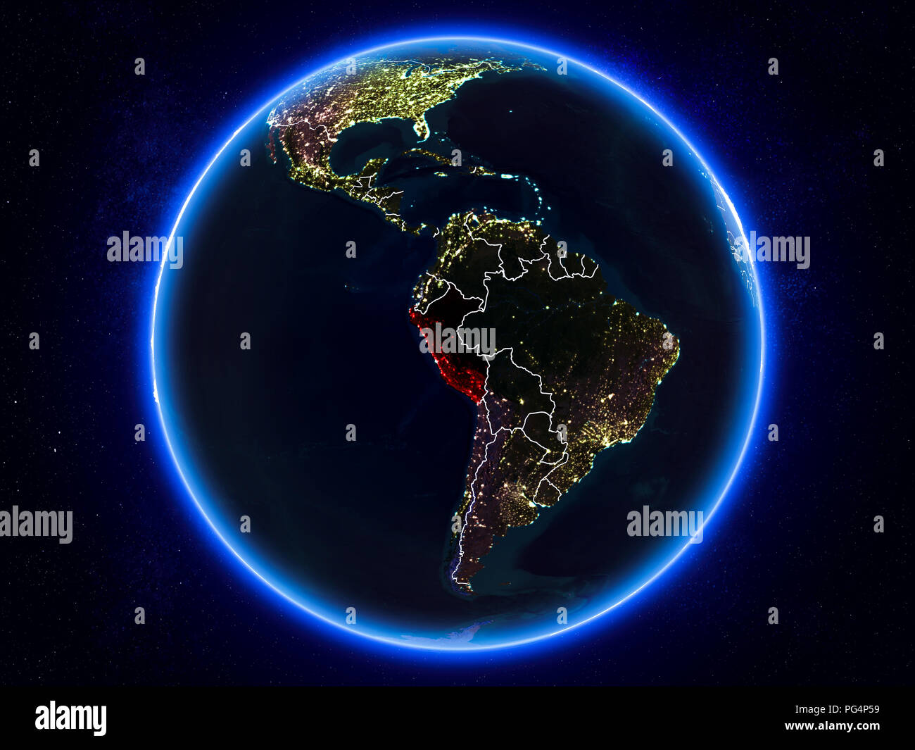 Peru highlighted in red on planet Earth at night with visible borders ...