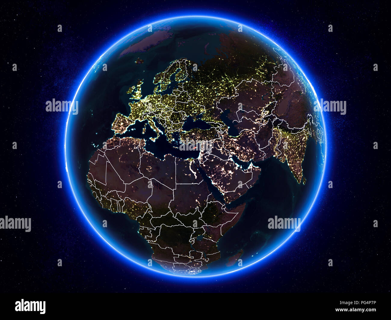 Cyprus highlighted in red on planet Earth at night with visible borders ...