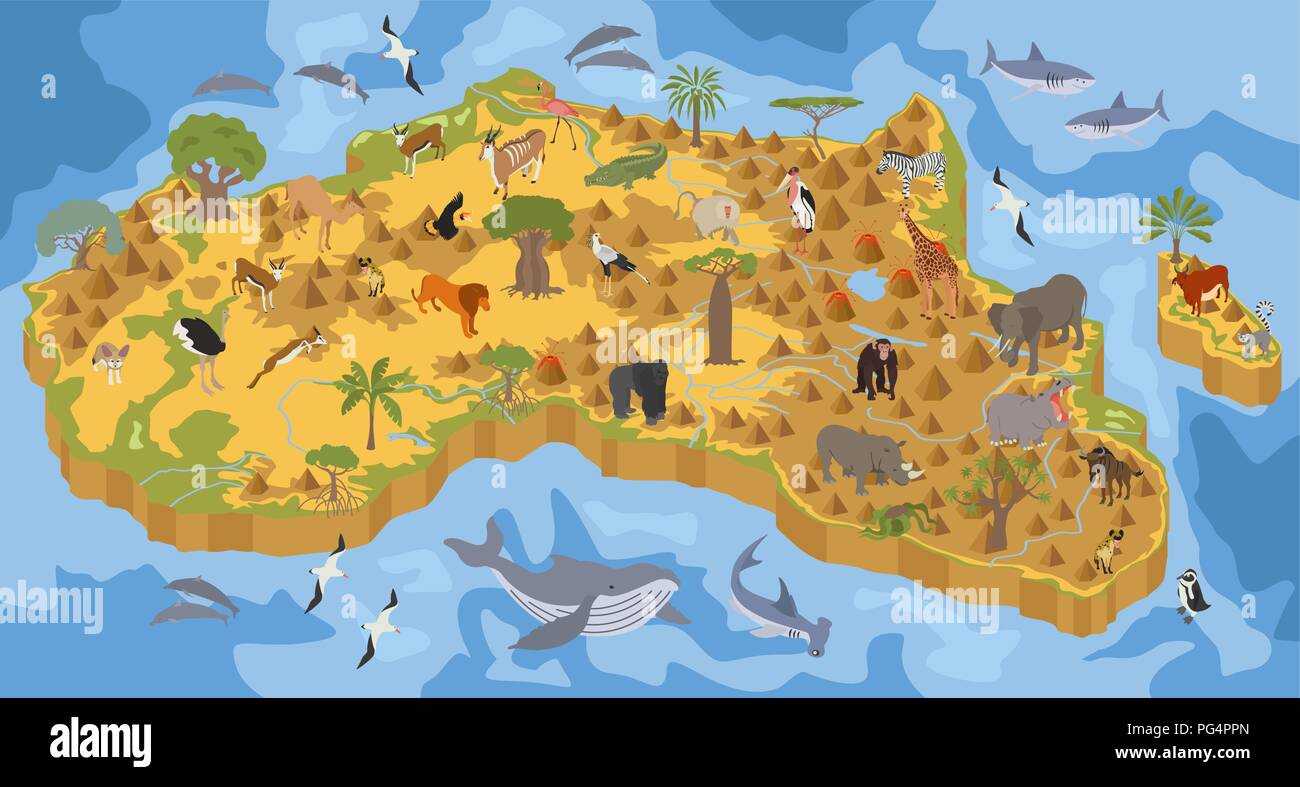 Flat 3d isometric Africa flora and fauna map constructor elements ...