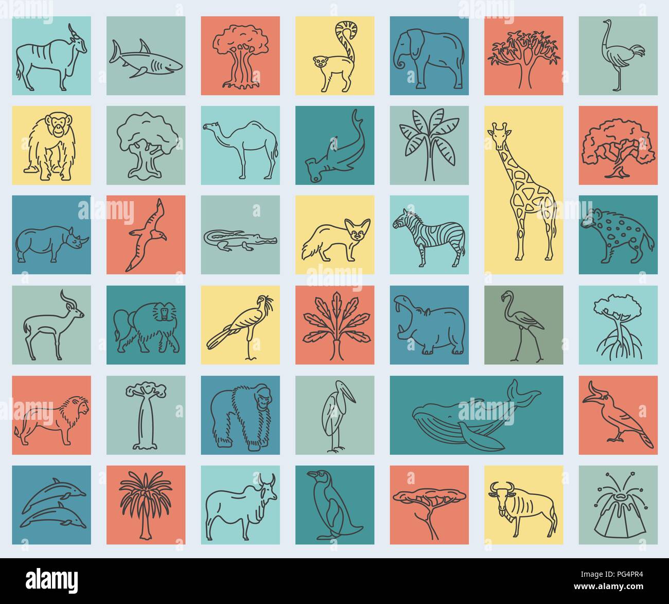 Flat African flora and fauna elements. Animals, birds and sea life ...