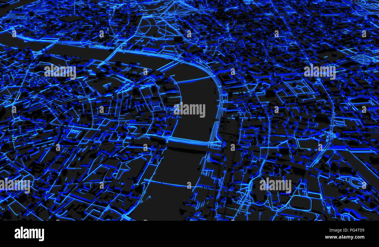 smart city concept: 3d rendering of london with neon roads Stock Photo ...