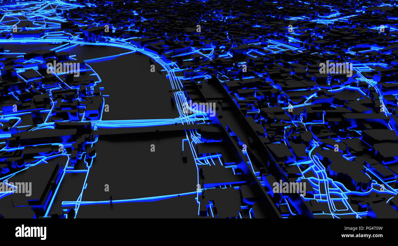 3d rendering of smart city with neon roads Stock Photo - Alamy