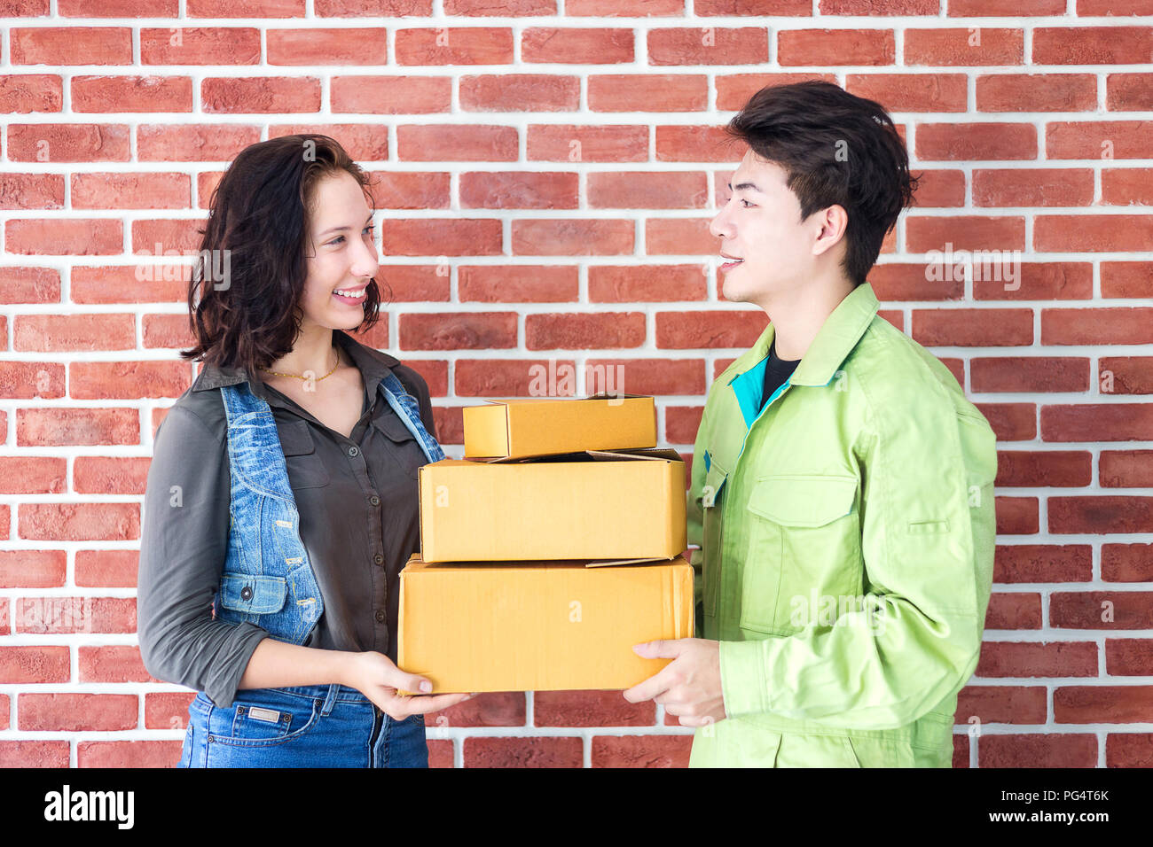 customer receive shopping parcel product box from messenger delivery of ...