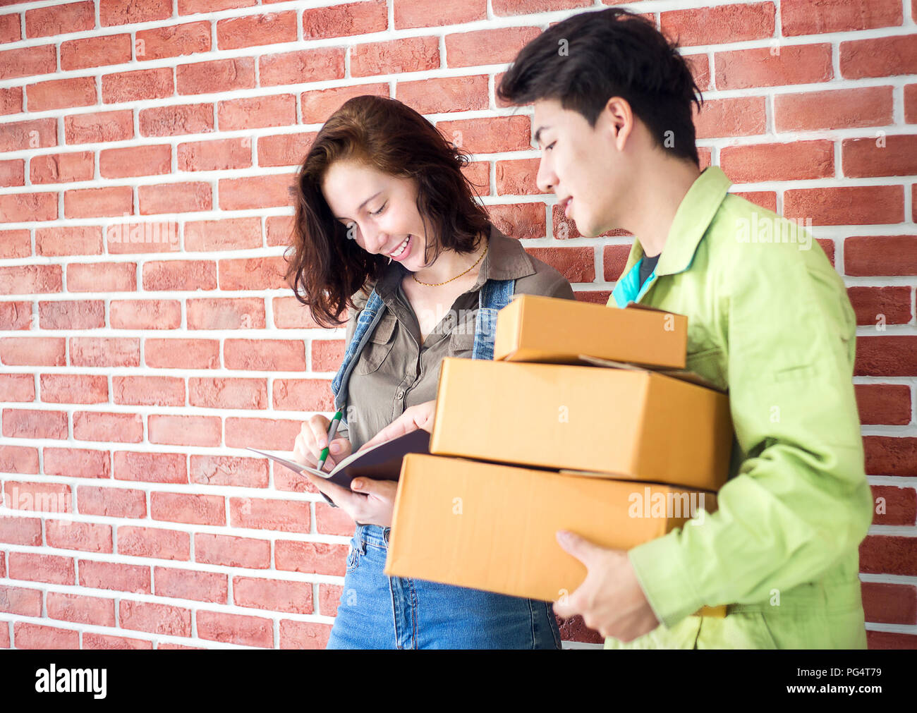 customer receive shopping parcel product box from messenger delivery of ...