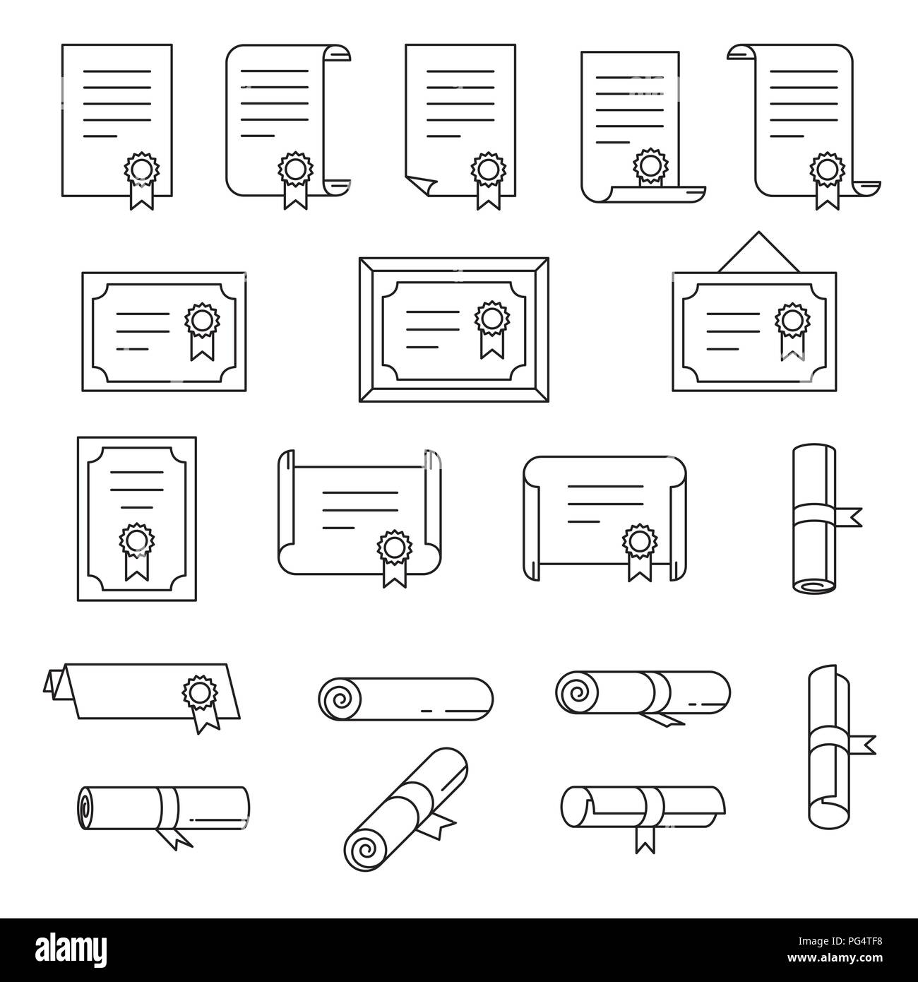 Set of certificate thin line icons. Simple collections scrolls, papers ...