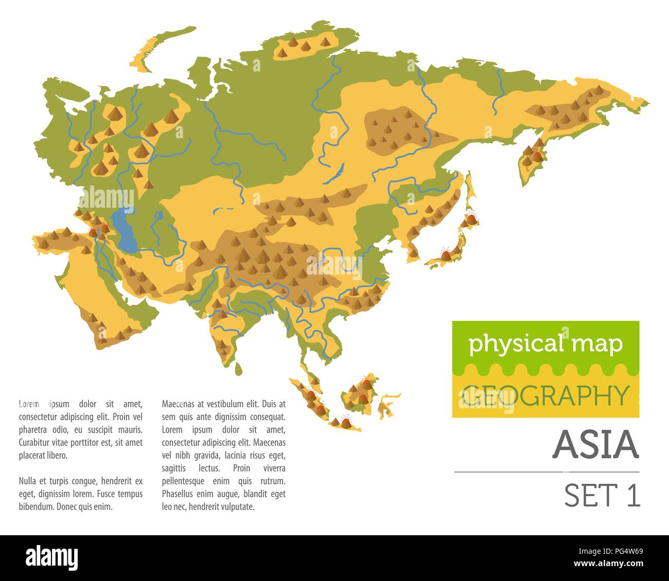 Flat Asia physical map constructor elements isolated on white. Build ...