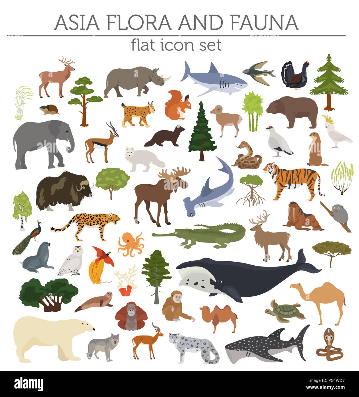 Flat Asian flora and fauna map constructor elements. Animals, birds and ...