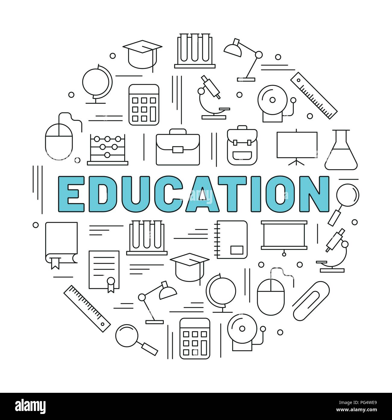 The word EDUCATION surrounded by icons. Vector background illustration ...