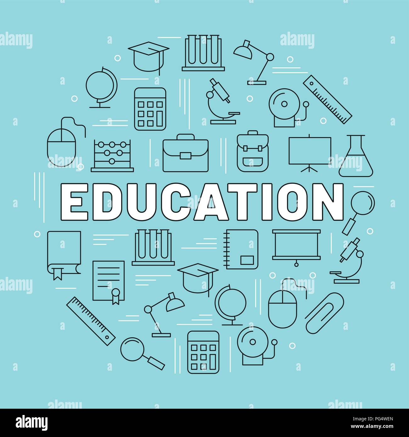 The word EDUCATION surrounded by icons. Vector background illustration ...