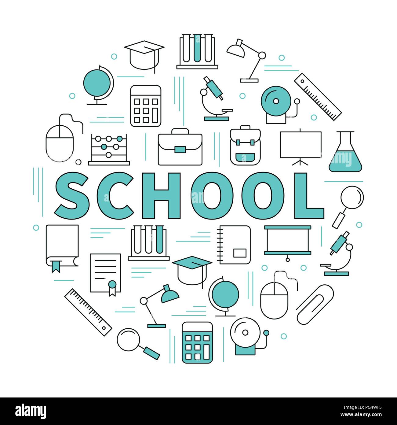 The word SCHOOL surrounded by icons. Vector background illustration ...