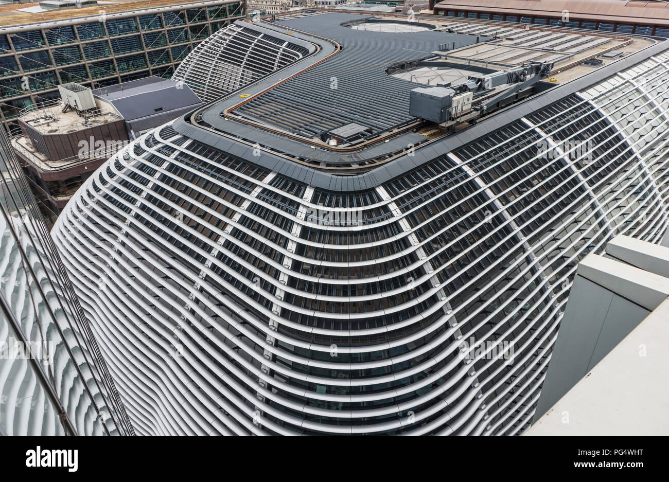 View of the geometric solar shading fins (brise soleil) of the windows ...