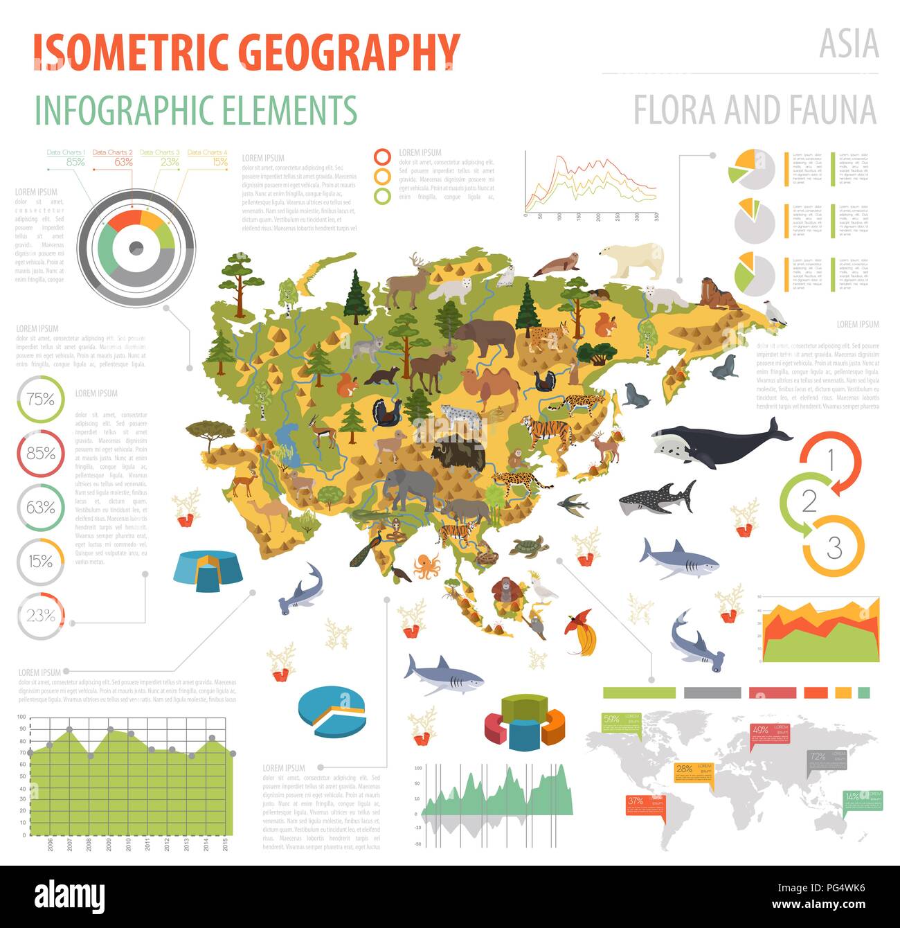 Isometric 3d Asian flora and fauna map constructor elements. Animals ...