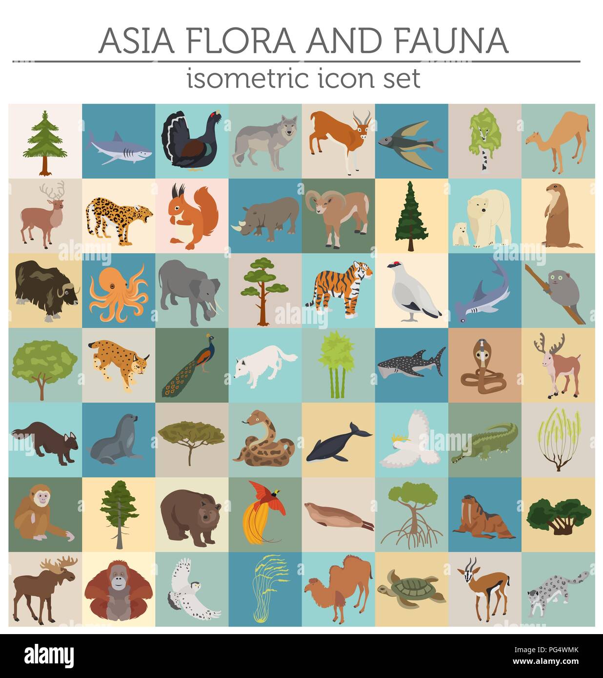 Isometric 3d Asian flora and fauna map constructor elements. Animals ...