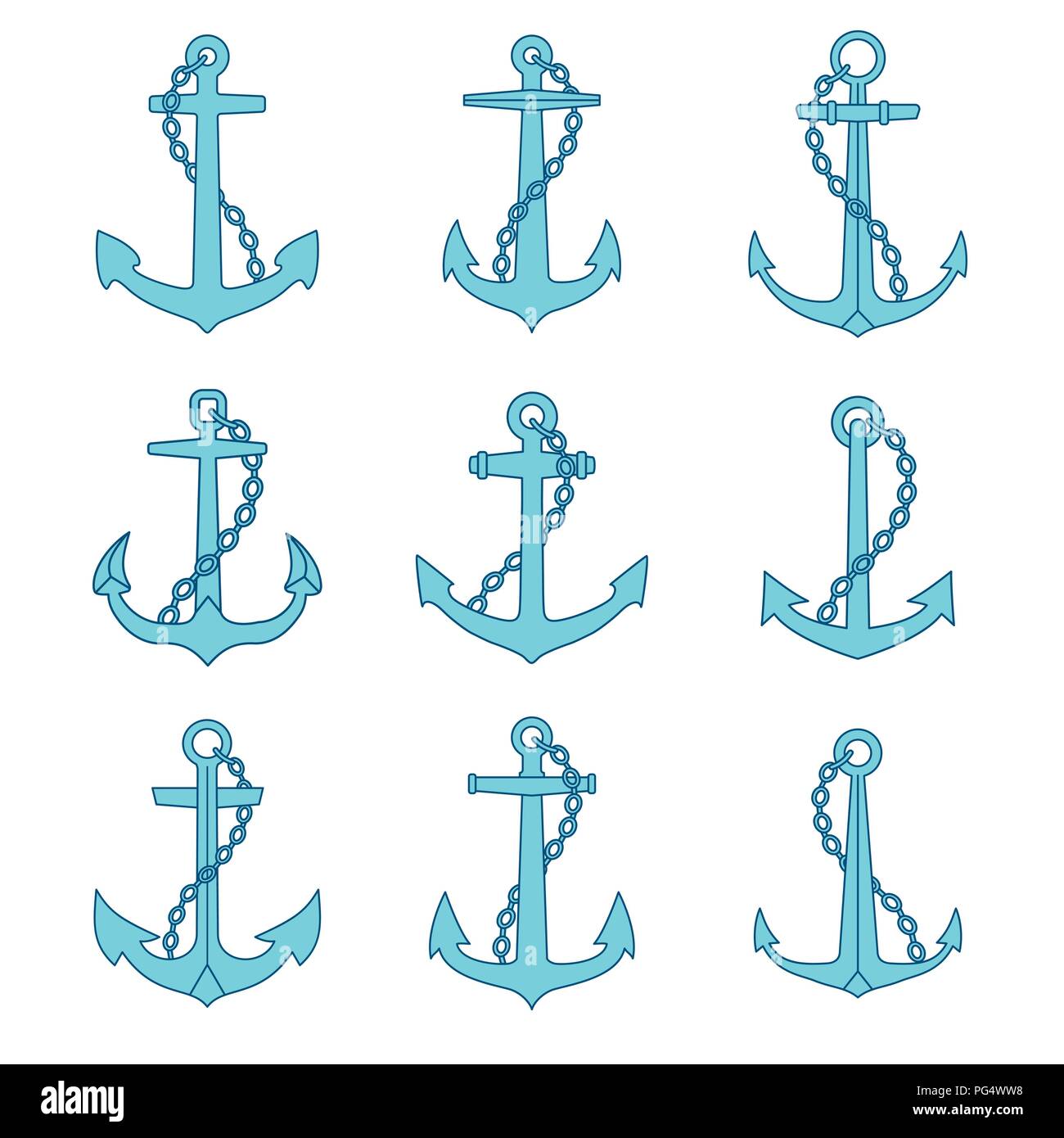 Anchor with chain outline icons set. Marine and nautical emblems ...