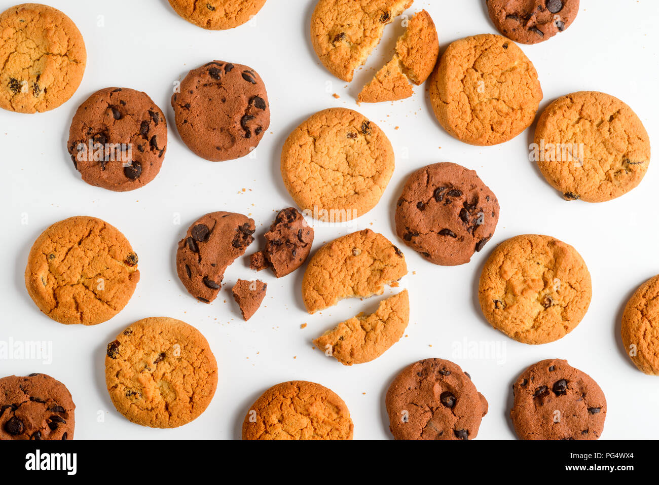 Appetizing homemade chocolate chip cookies, top-view, close-up. White ...