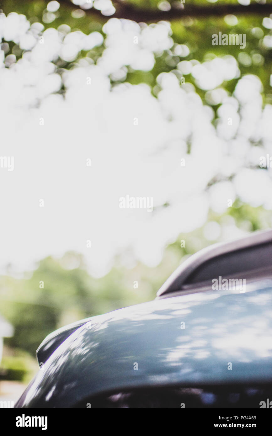 Top of a car with mostly sky and trees showing, lots of bokeh, blue car ...