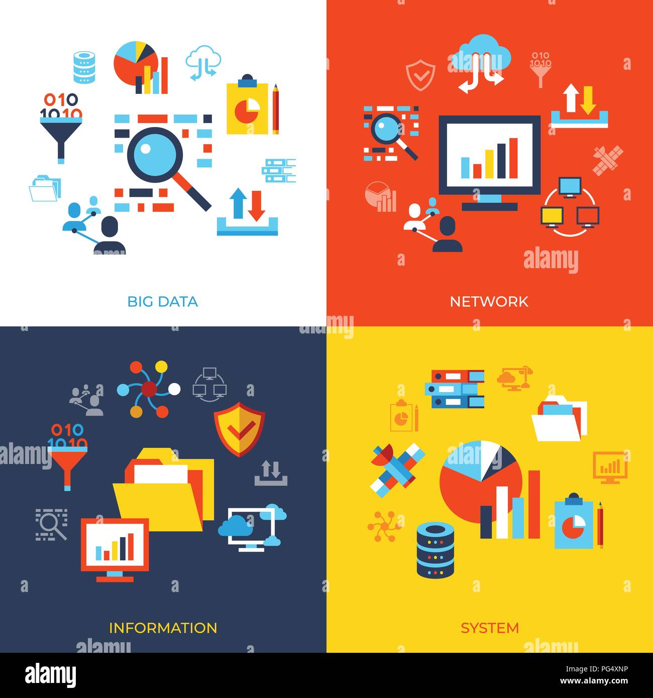 Digital vector big data and information icons set with drawn simple ...