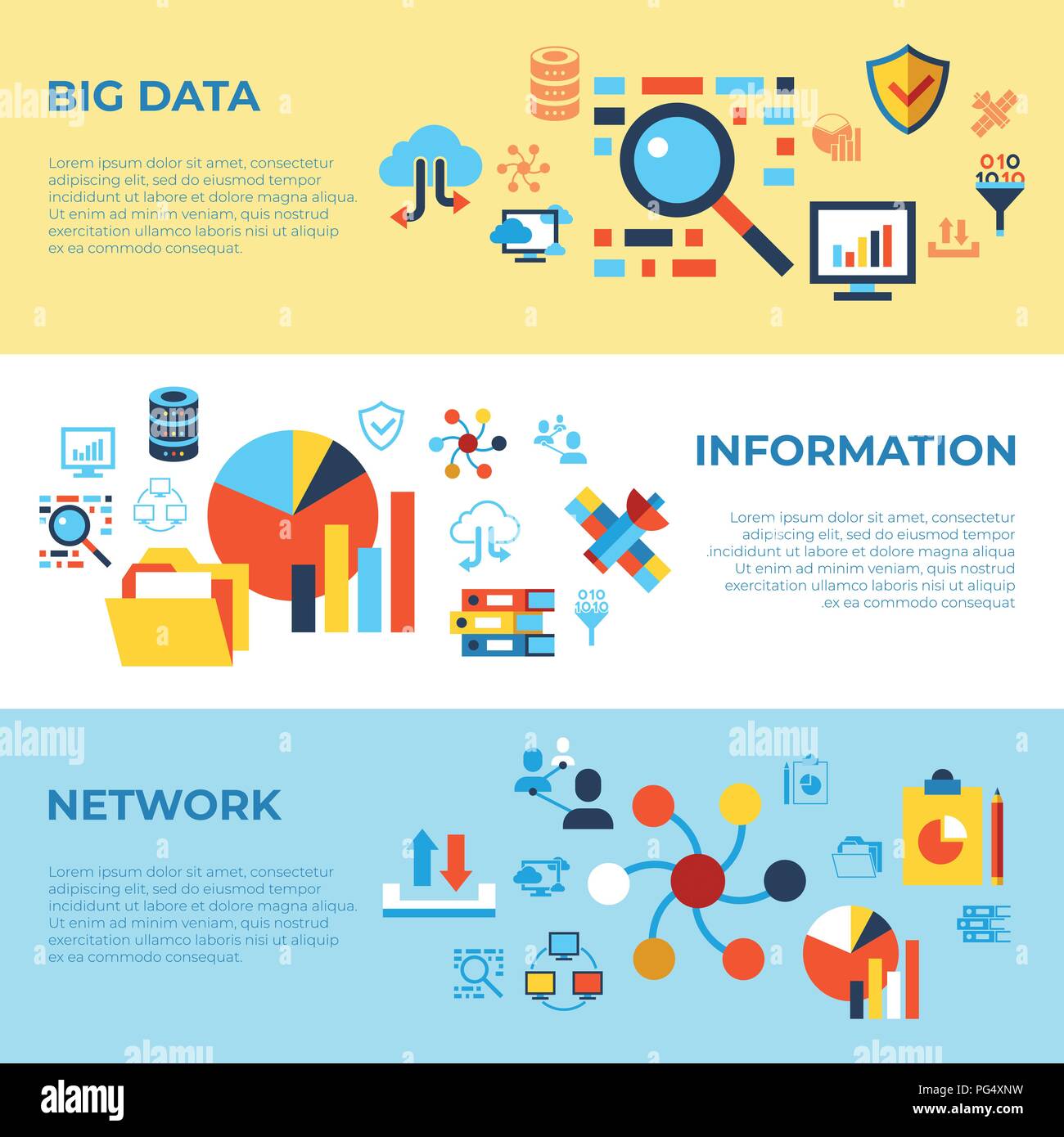 Digital vector big data and information icons set with drawn simple ...