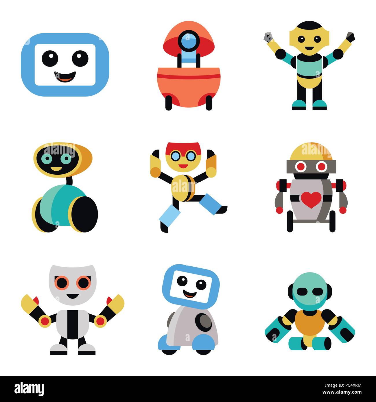 Digital vector companion robots icons set with drawn simple line art ...