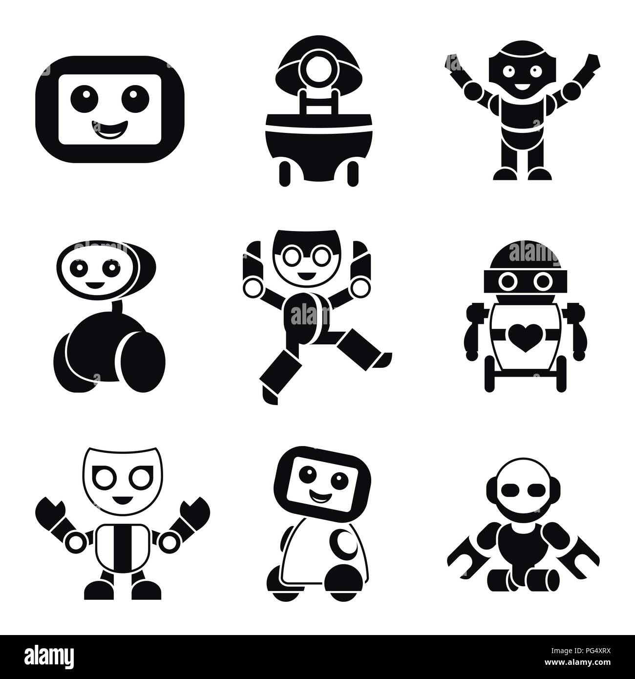 Digital vector companion robots icons set with drawn simple line art ...