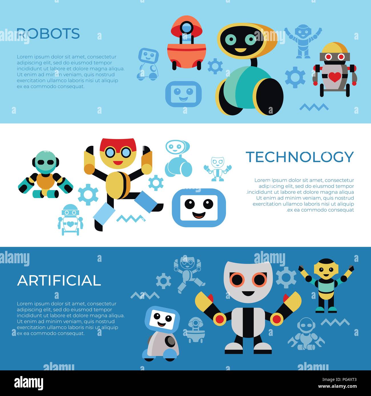 Digital vector companion robots icons set with drawn simple line art ...