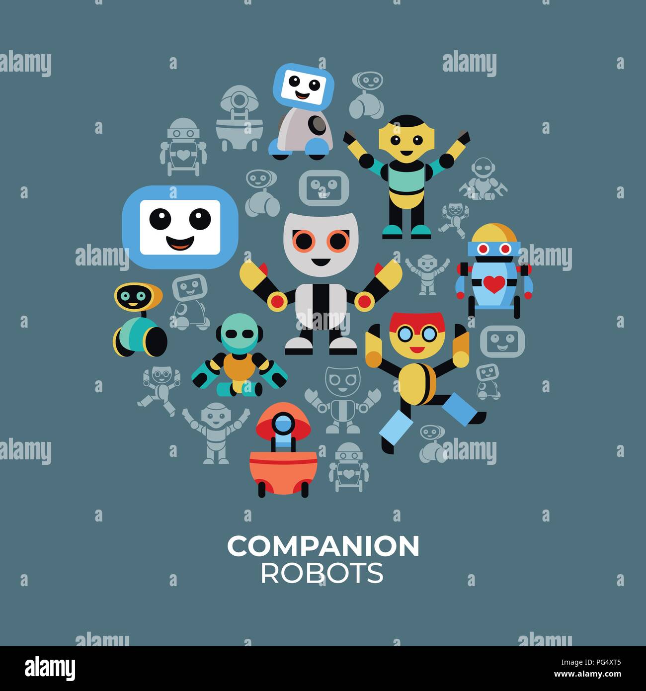 Digital vector companion robots icons set with drawn simple line art ...