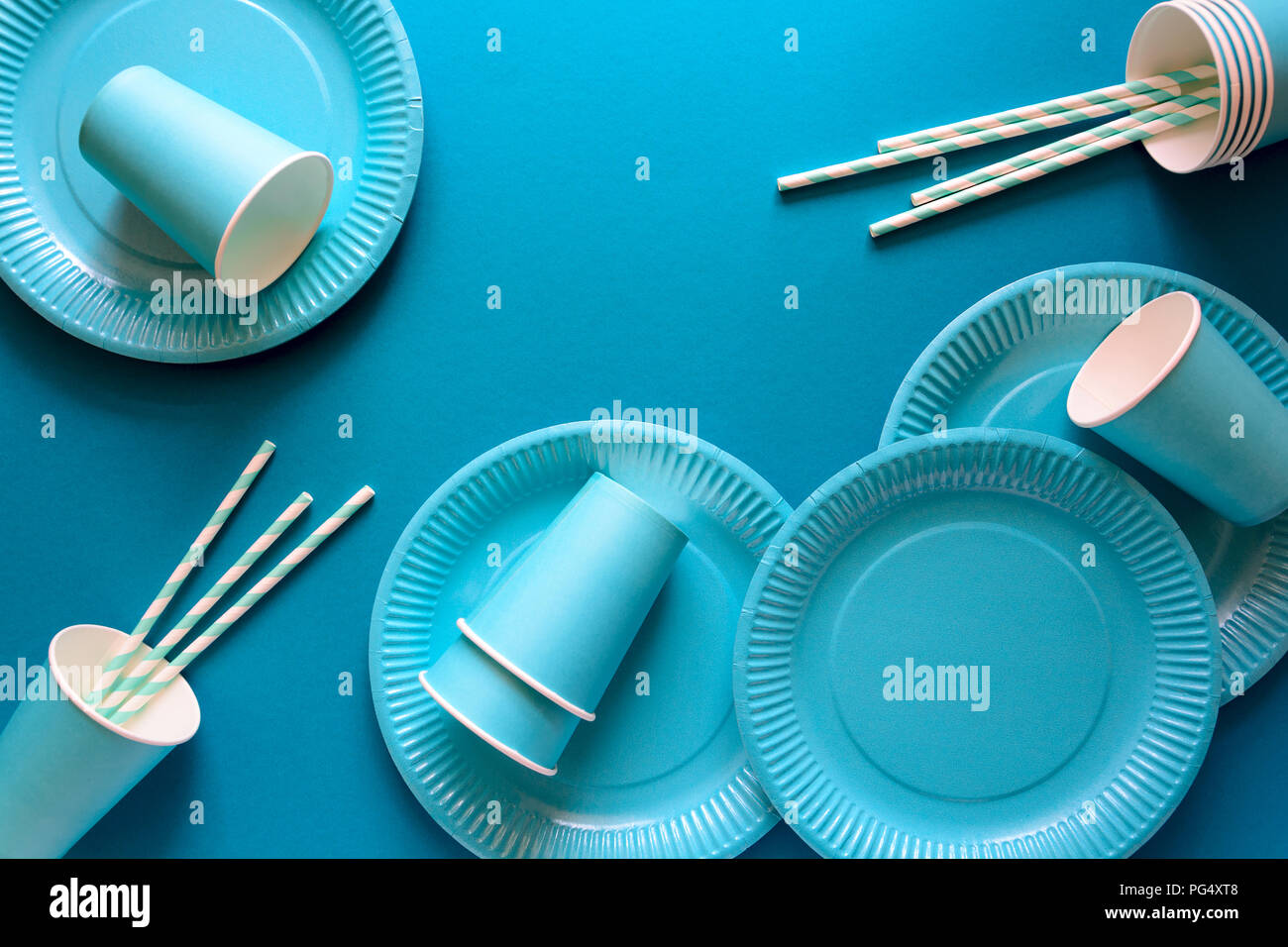 Table setting with paper ware for summer picnic or BBQ. Top view. Flat ...