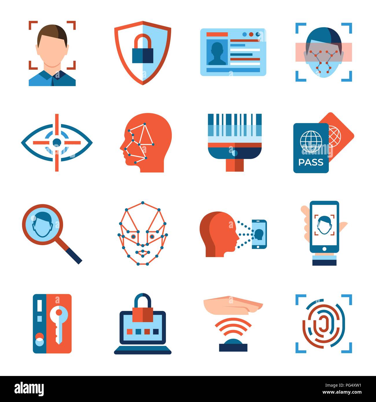 Digital vector facial recognition icons set with drawn simple line art ...