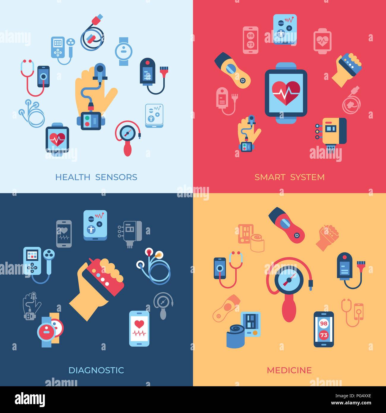 Digital vector health sensor icons set with drawn simple line art info ...