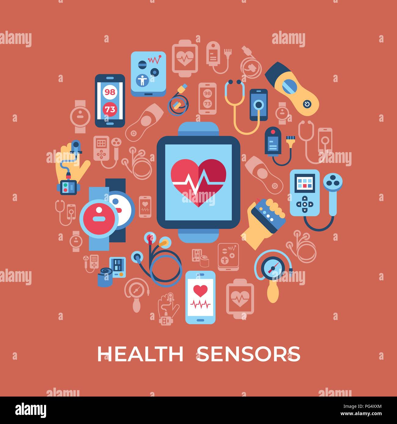 Digital vector health sensor icons set with drawn simple line art info ...