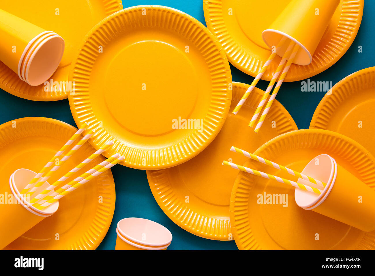 Table setting with paper ware for summer picnic or BBQ. Top view. Flat ...