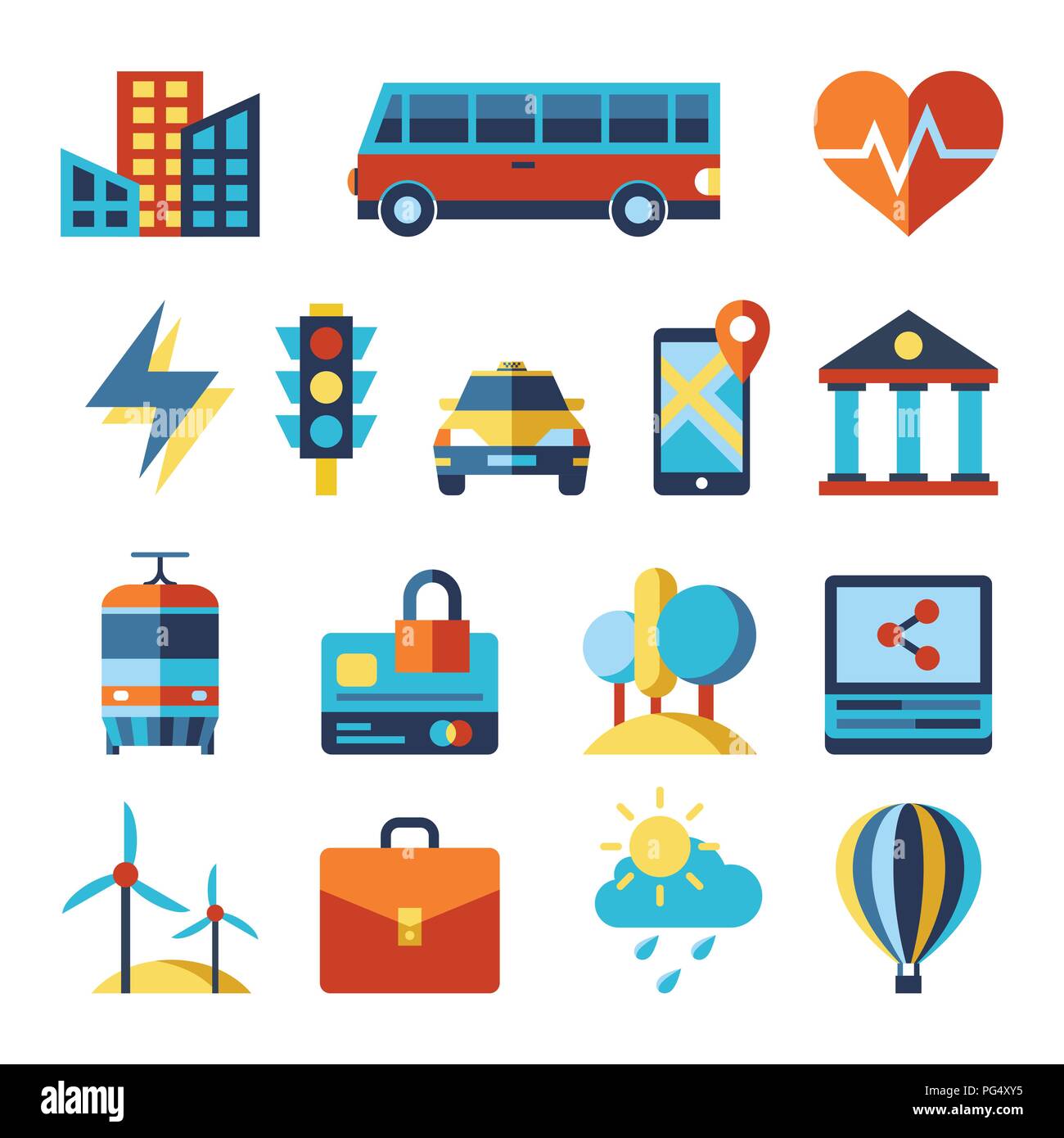 Digital vector smart city icons set with drawn simple line art info ...